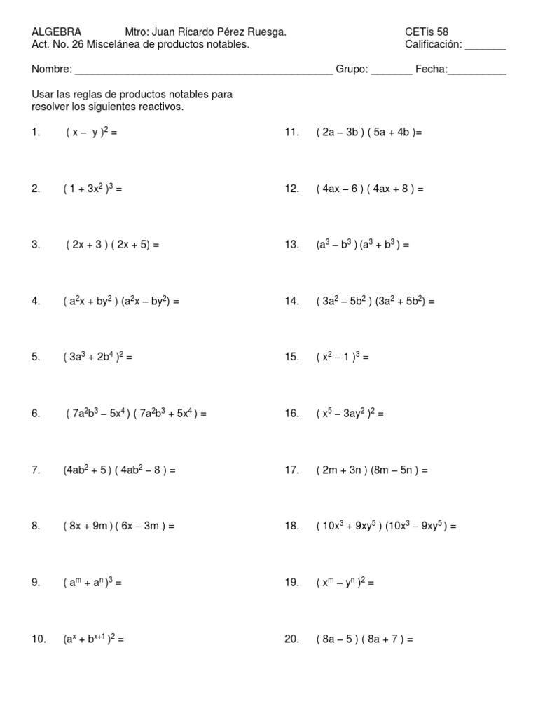 Act.26 Miscelanea de Productos Notables. ALGEBRA PDF | PDF
