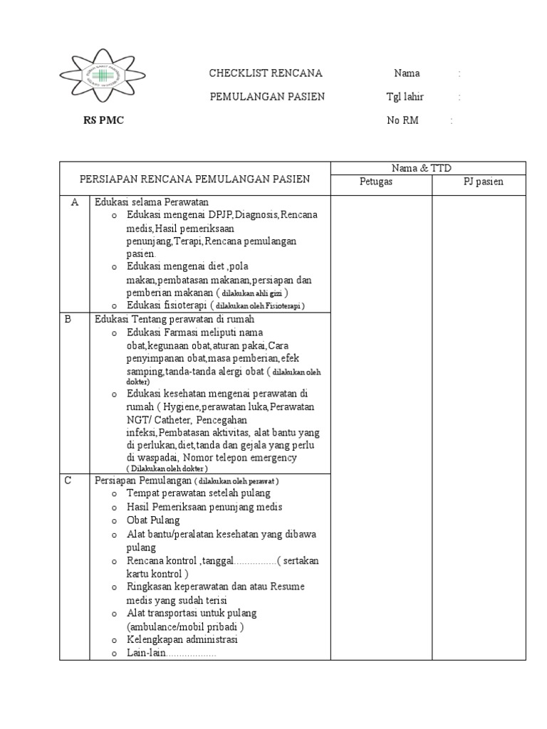 Checklist Rencana Pemulangan Pasien | PDF