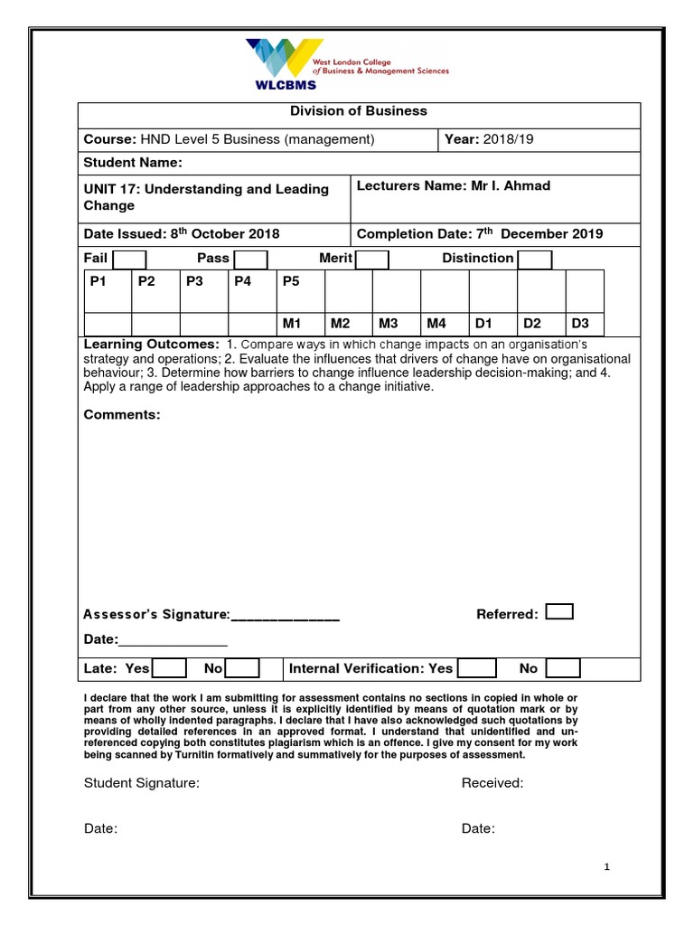 HND Level 5 Business (Management) - Unit 17 Assignment Brief Sept 2018 ... HND Level 5 Business (Management) - Unit 17 Assignment Brief Sept 2018 ...