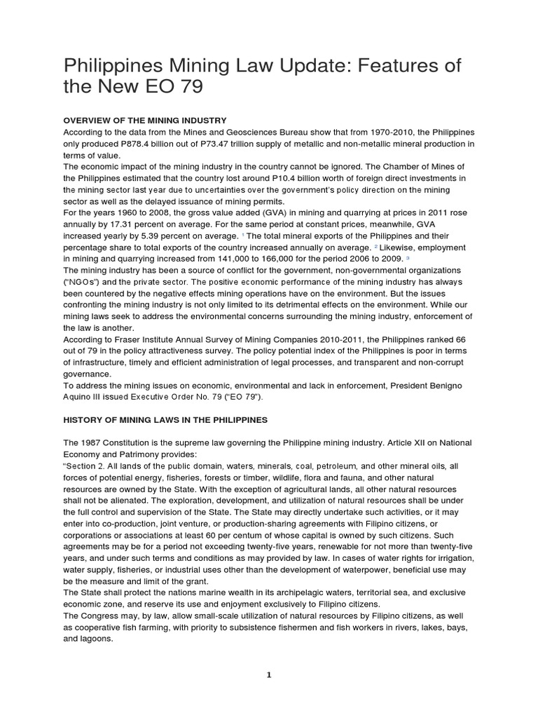 Philippines Mining Law EO 79 Overview | PDF | Regulatory Compliance ...