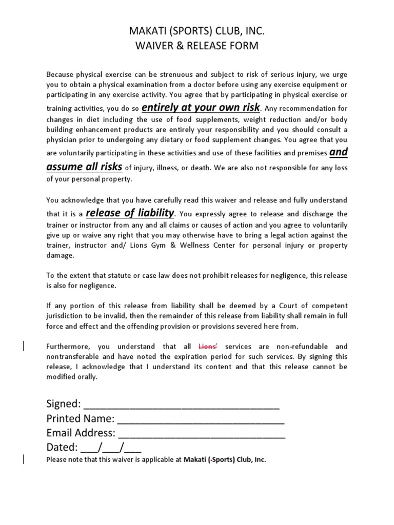 Makati Sports Club Waiver Form for Physical Exercise and Gym Activities ...