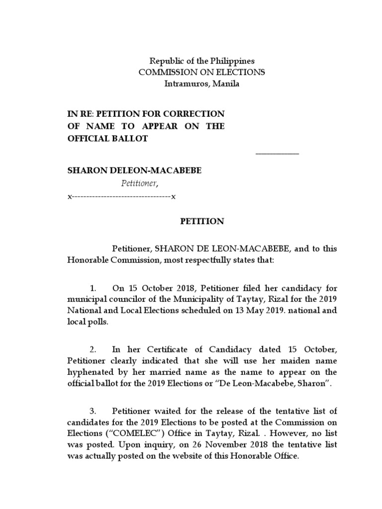 In Re: Petition For Correction of Name To Appear On The Official Ballot ...