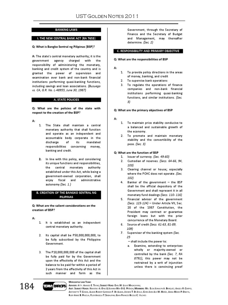 UST G N 2011: Banking Laws # I. The New Central Bank Act (Ra 7653 ...