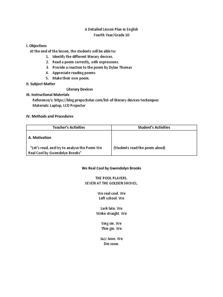 Grade 10 Poem Analysis Lesson Plan | PDF | Marxism | Poetry