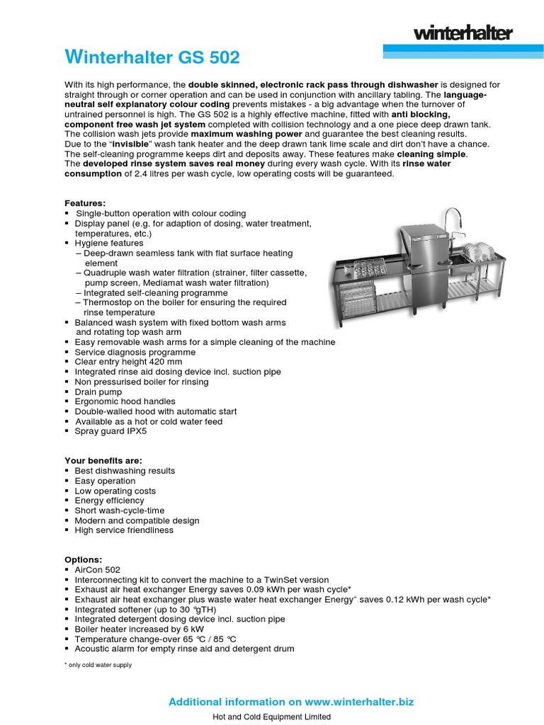 Winterhalter Dishwasher GS 502 Spec | Dishwasher | Building Engineering