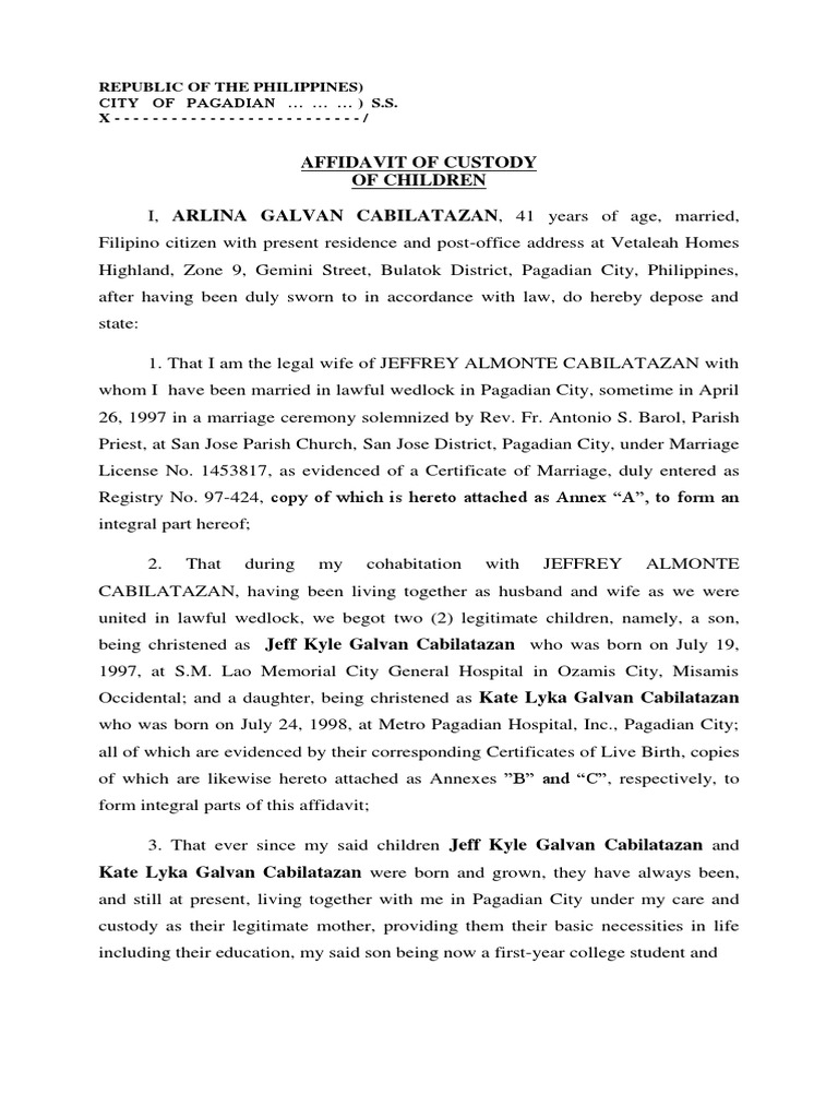 Affidavit of Custody of Children | PDF | Marriage | Interpersonal Relationships