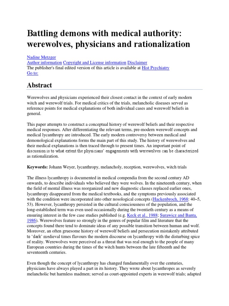 Battling Demons With Medical Authority: Werewolves, Physicians and ...