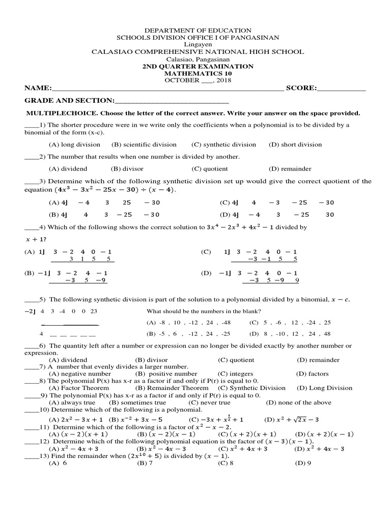 2nd Quarter Exam Math 10 | PDF | Division (Mathematics) | Polynomial