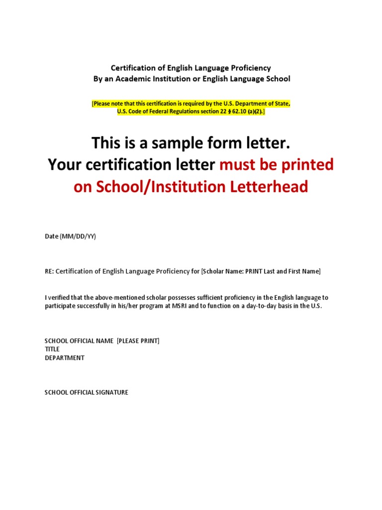 English Proficiency Certification Sample | PDF