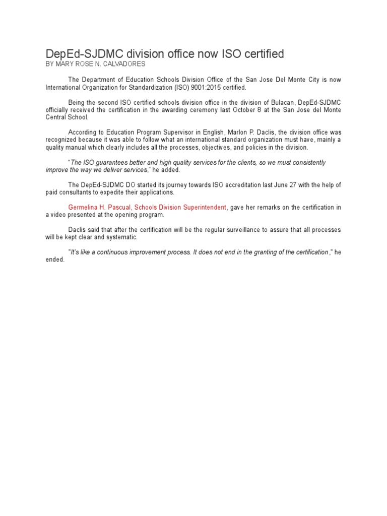 1-DepEd-SJDMC Division Office Now ISO Certified-Calvadores | PDF | Business
