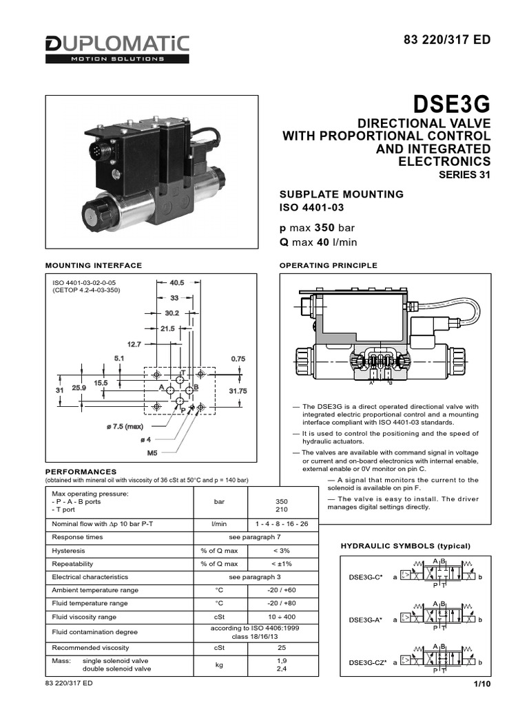 Dse3G: Series 31 Subplate Mounting ISO 4401-03 P Max | PDF | Valve | Screw