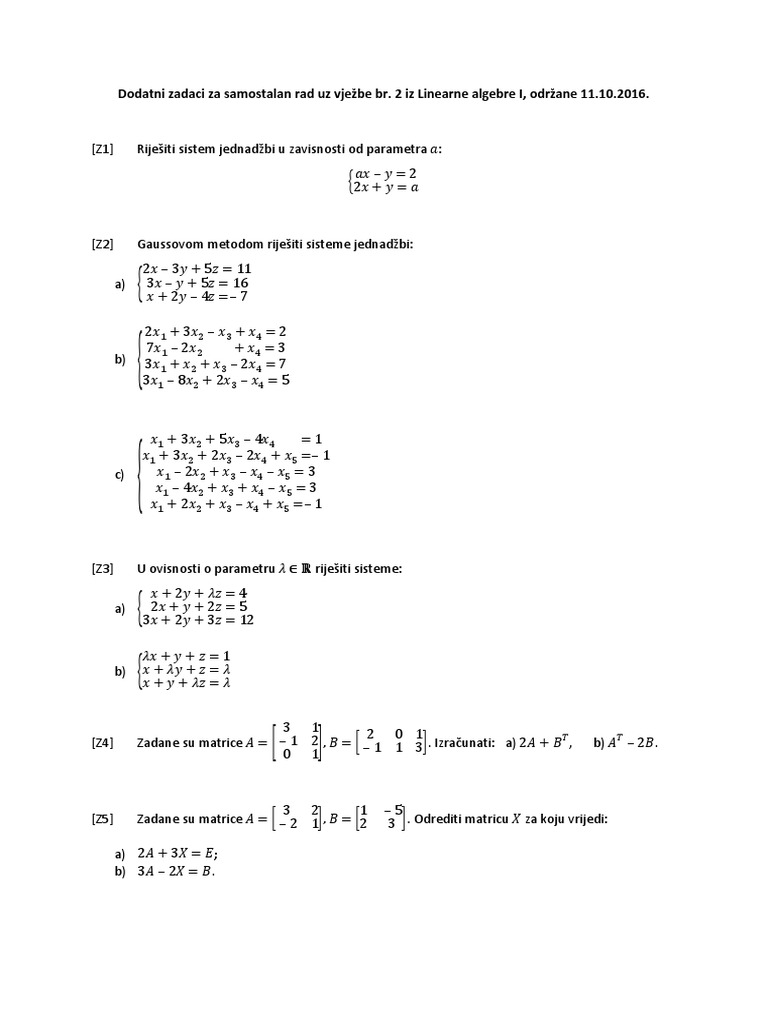 Linearna Algebra I - Dodatni Zadaci Za Samostalan Rad Uz Vježbe Br. 2 | PDF