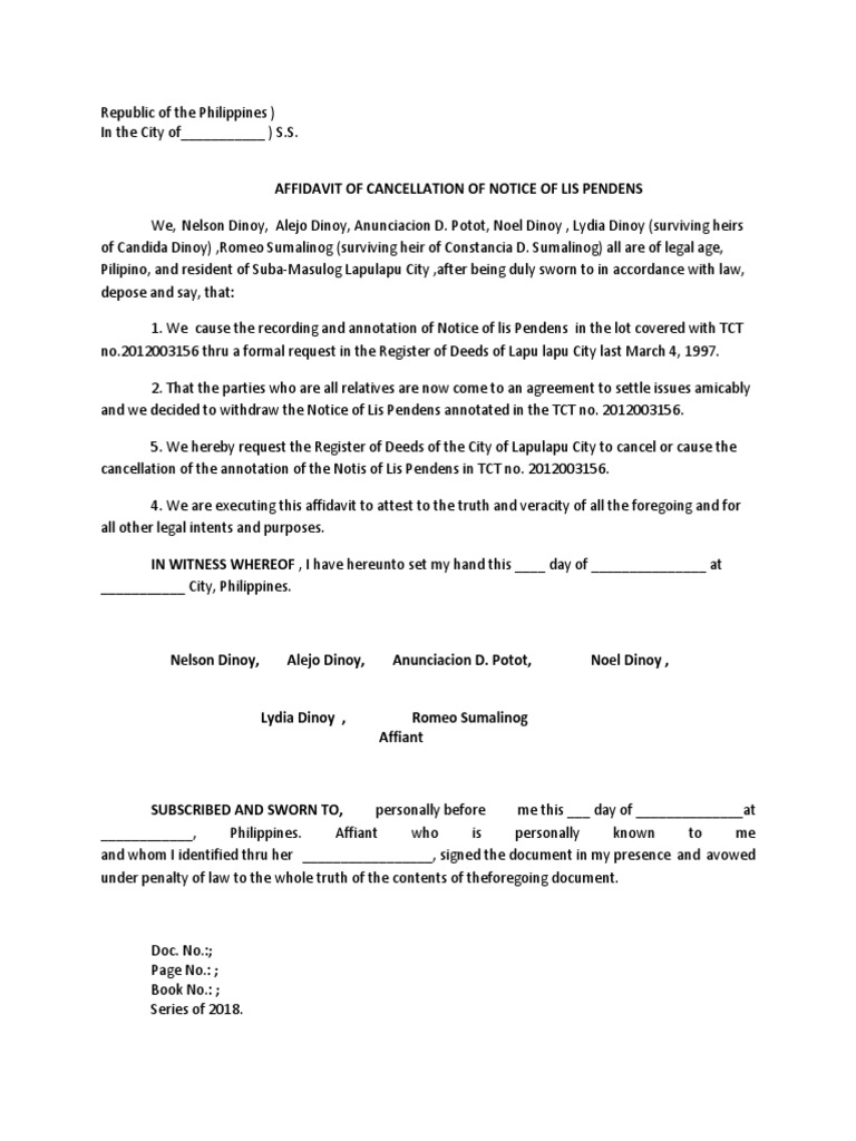 Affidavit of Cancellation of Lis Pendens | PDF | Affidavit ...