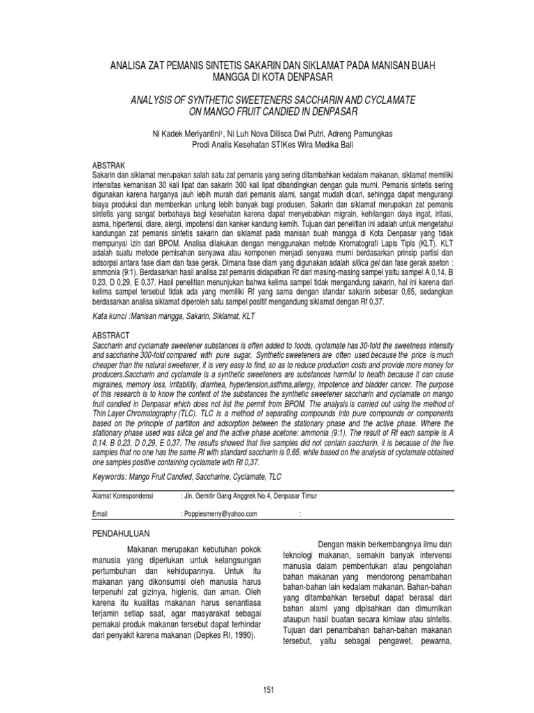 KLT Analisa Zat Pemanis Sintetis Sakarin Dan Siklamat Pada Manisan Buah ...