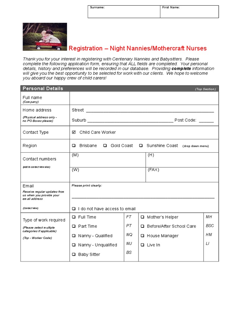 Nanny Registration Form | PDF | Child Care | Relationships