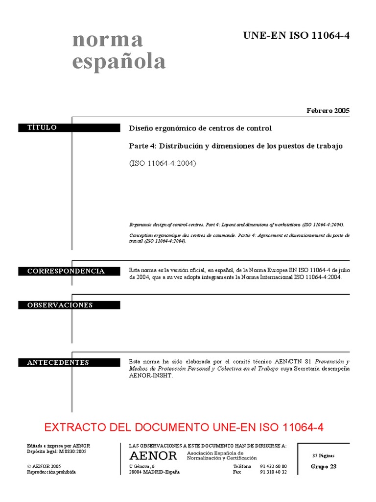 UNE-En ISO 11064-4 Diseño Ergonómico de Centros de Control | PDF ...