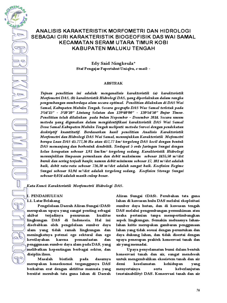 Analisis Karakteristik Morfometri Dan Hidrologi Se | PDF