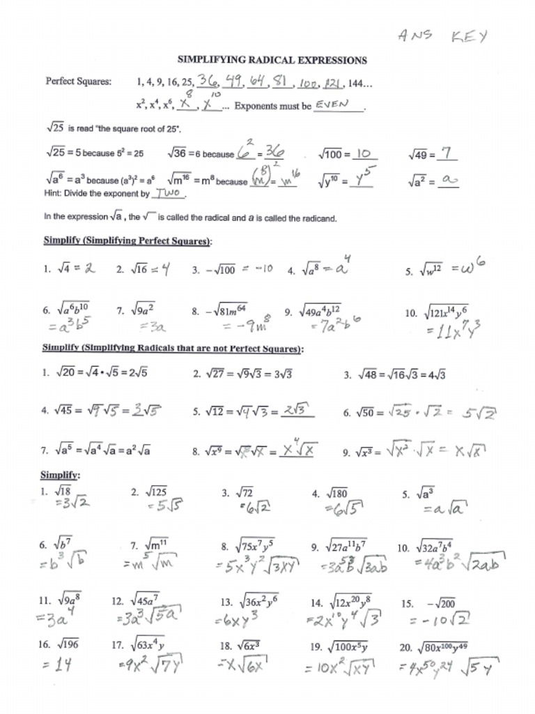 GV - Alg I.worksheet - Answers.simplifying - Radical.expressions | PDF