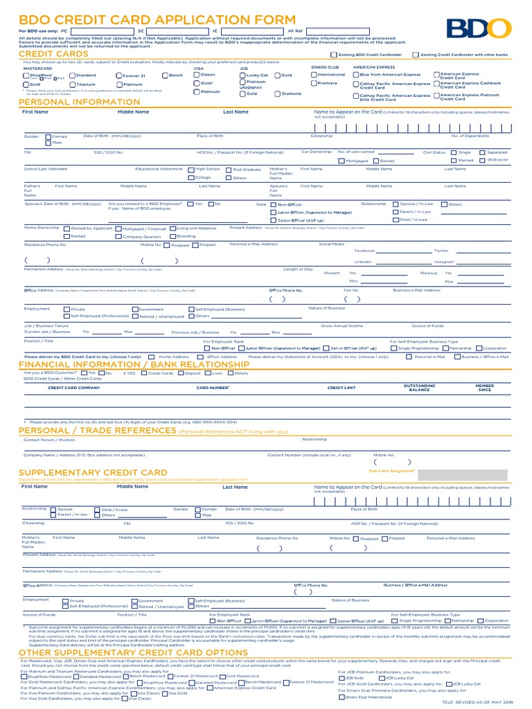 BDO Credit Card Application Form | PDF | American Express | Credit Card