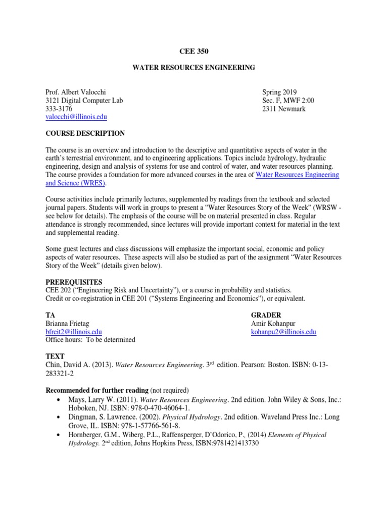 CEE 350: Water Resources Engineering | PDF | Test (Assessment) | Homework