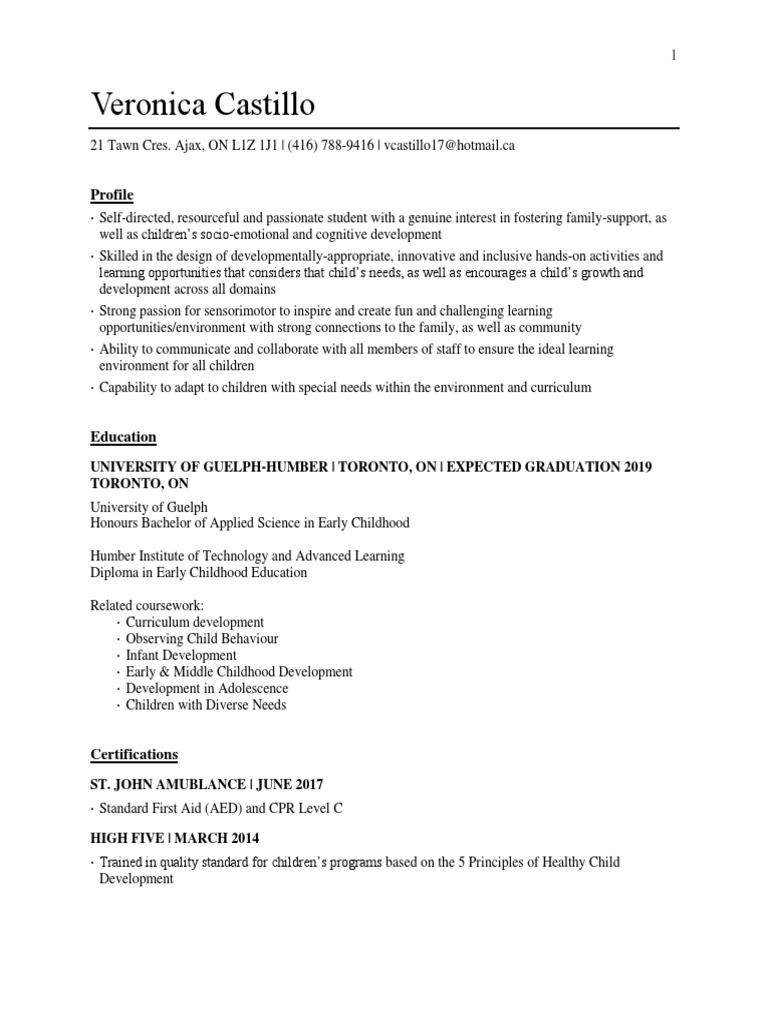 Veronica Castillo Resume | PDF | Child Development | Relationships