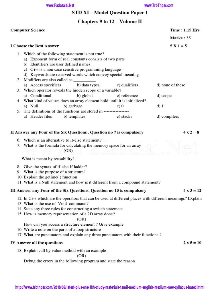 11th Computer Science Chapter 9 To 12 Model Question Paper English ...