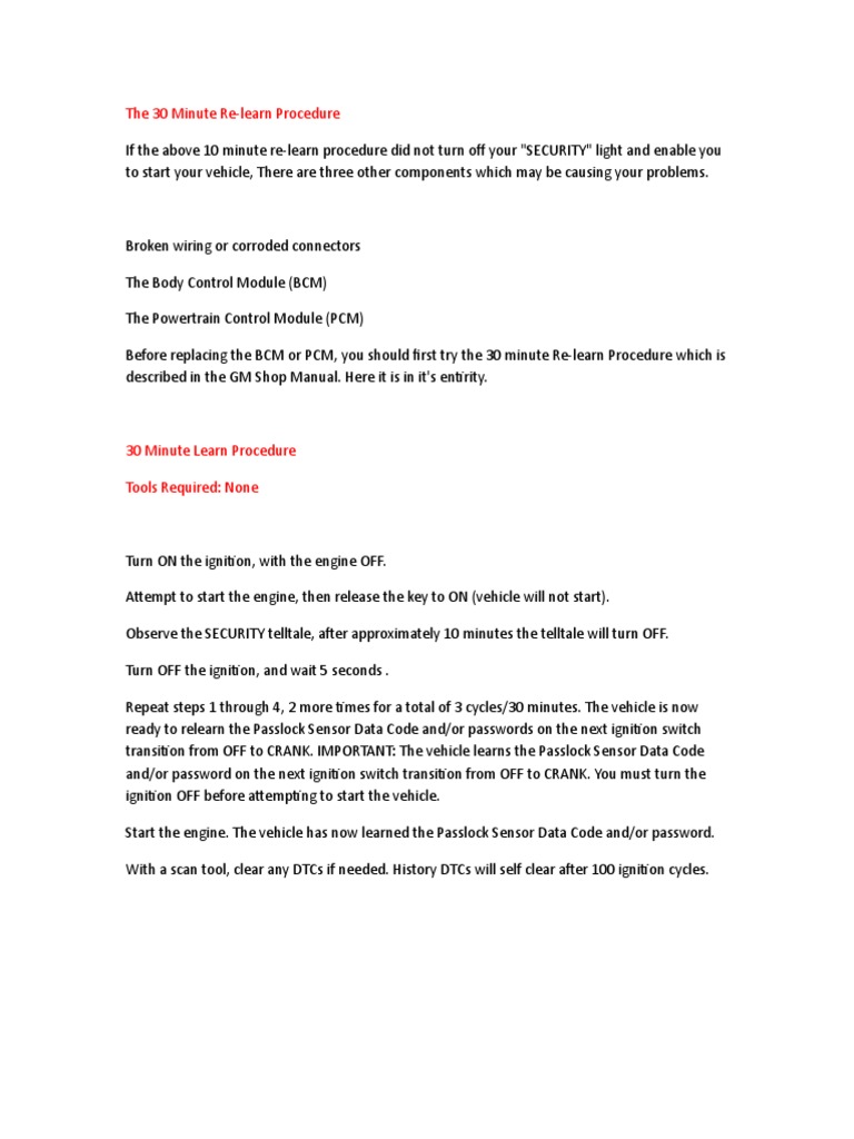 30-Minute Passlock Relearn Procedure | PDF | Finance & Money Management ...