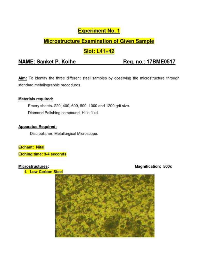 Experiment No. 1 Microstructure Examination of Given Sample Slot: L41 ...