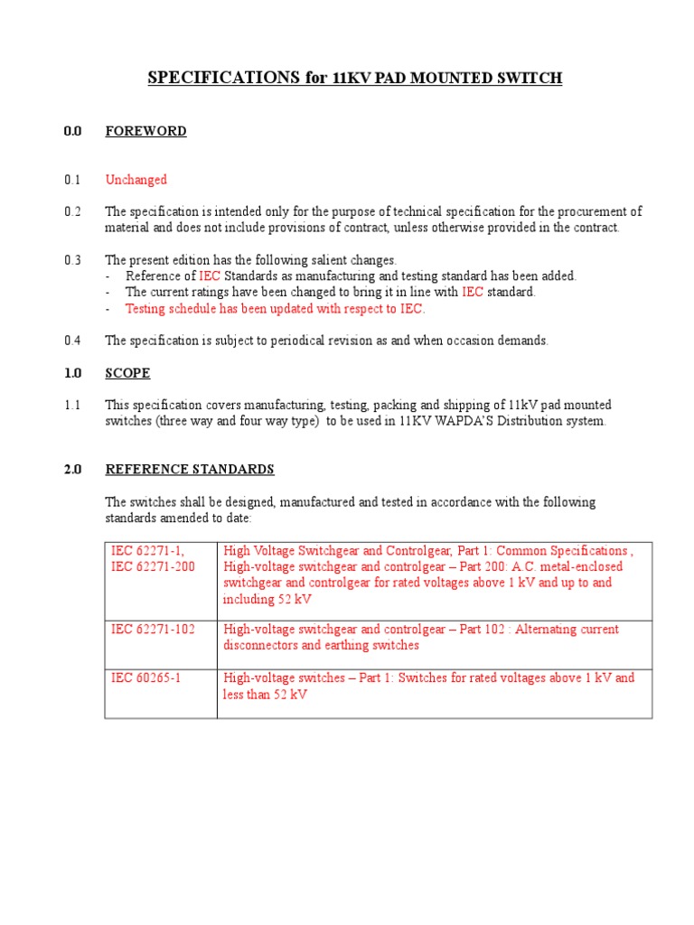 Specifications For: 11Kv Pad Mounted Switch | PDF | Switch | Insulator ...
