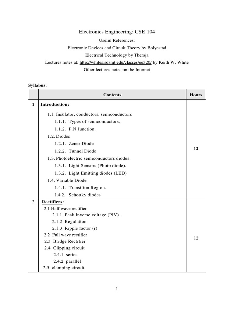 Electronics Engineering: CSE-104: Syllabus: Hours 1 | PDF | P–N ...