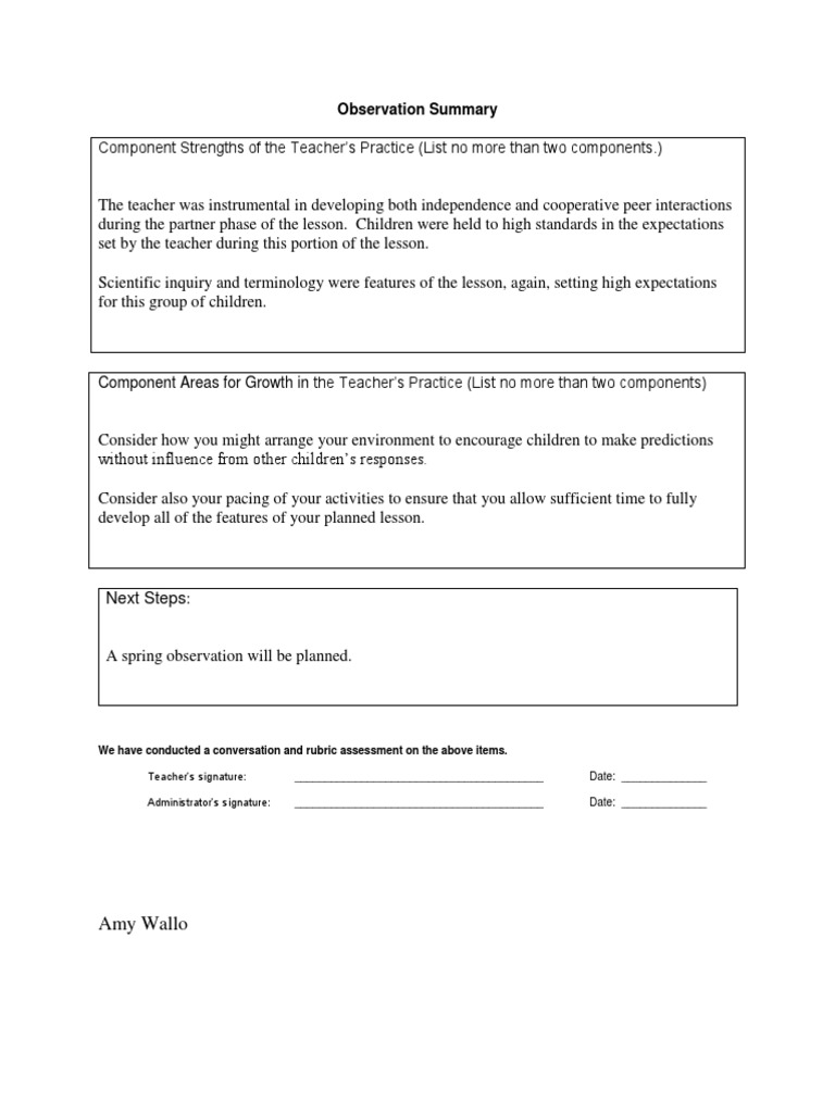 Observation Summary Form Fall 2018 1 | PDF