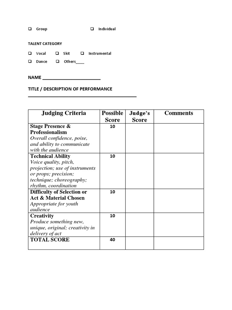 Judging Criteria Possible Score Judge's Score Comments | PDF
