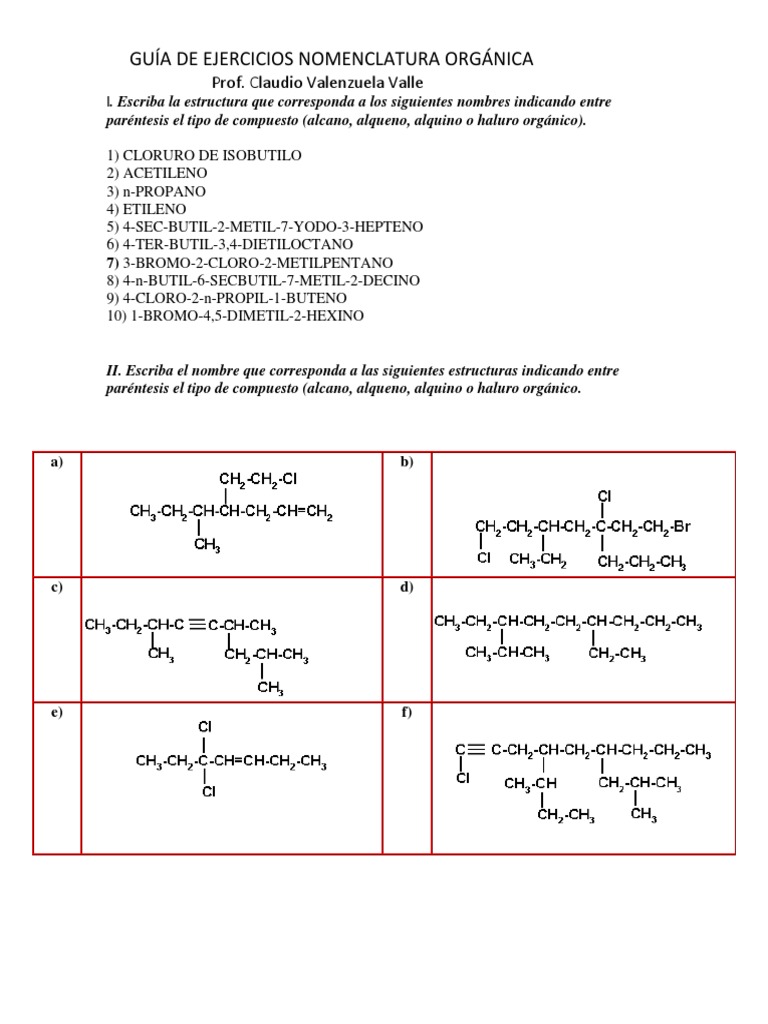 Guía Ejercicios Nomenclatura Química Orgánica | Alqueno | Alcano