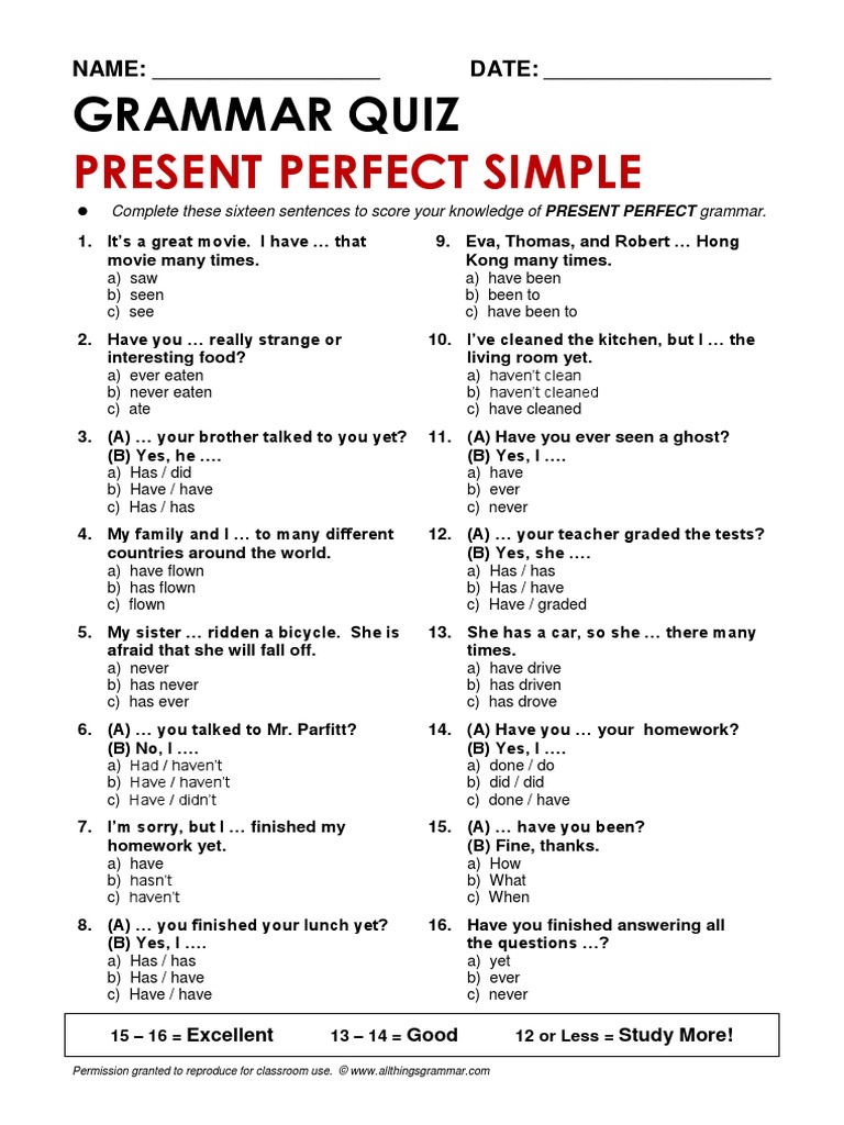 Present Perfect Grammar Quiz | PDF | Learning