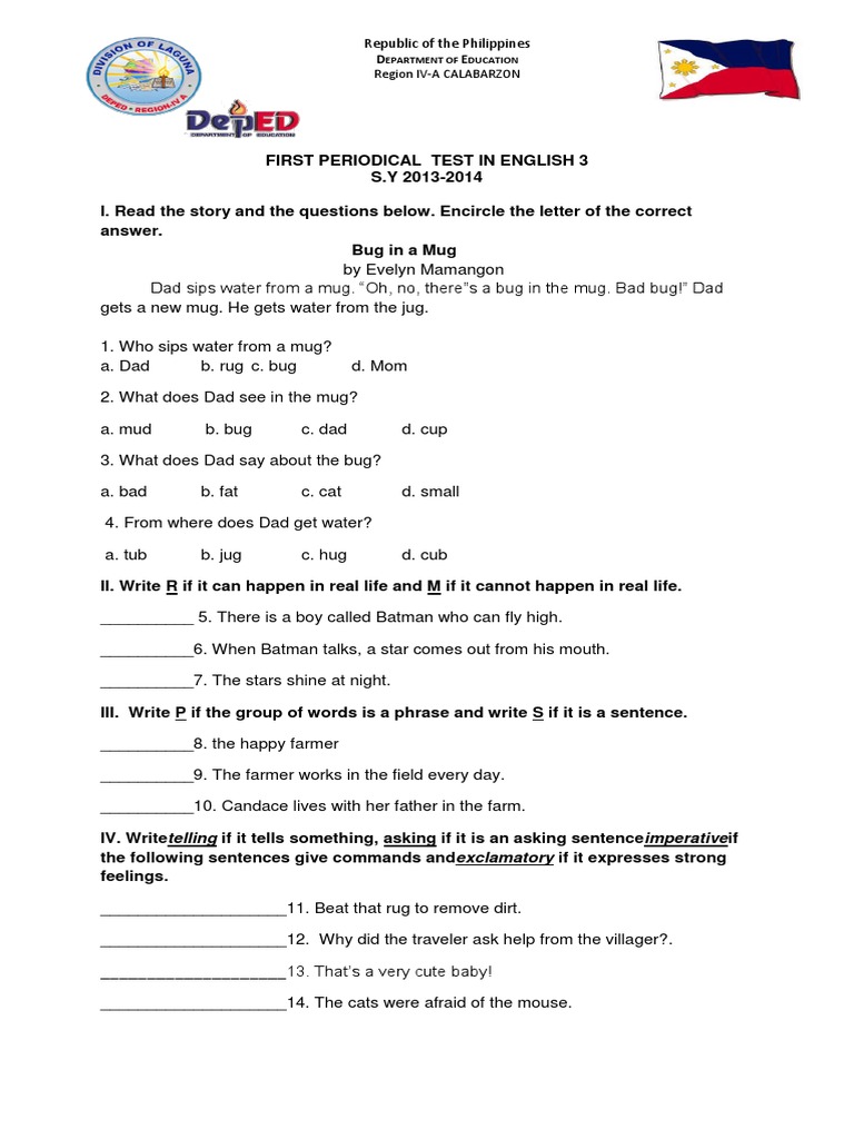 First Periodical Test in English 3 | PDF | Sentence (Linguistics ...