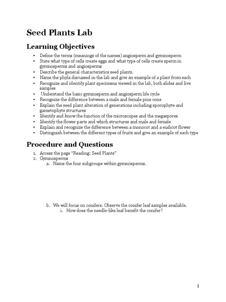 Seed Plants Lab: Learning Objectives | PDF | Fruit | Seed