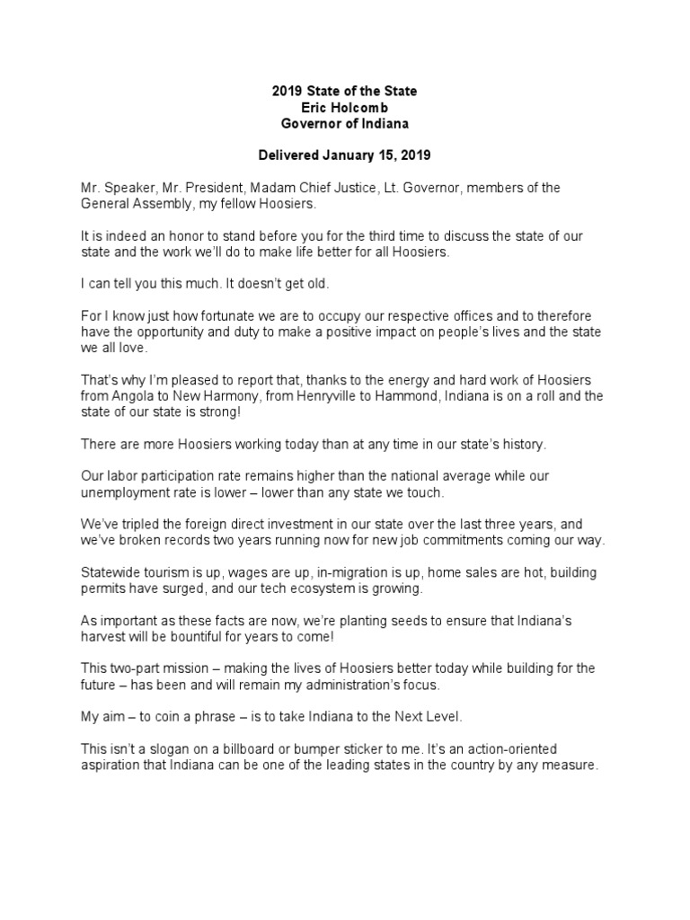 Indiana's 2019 State of the State Address | PDF | Recovery Approach ...