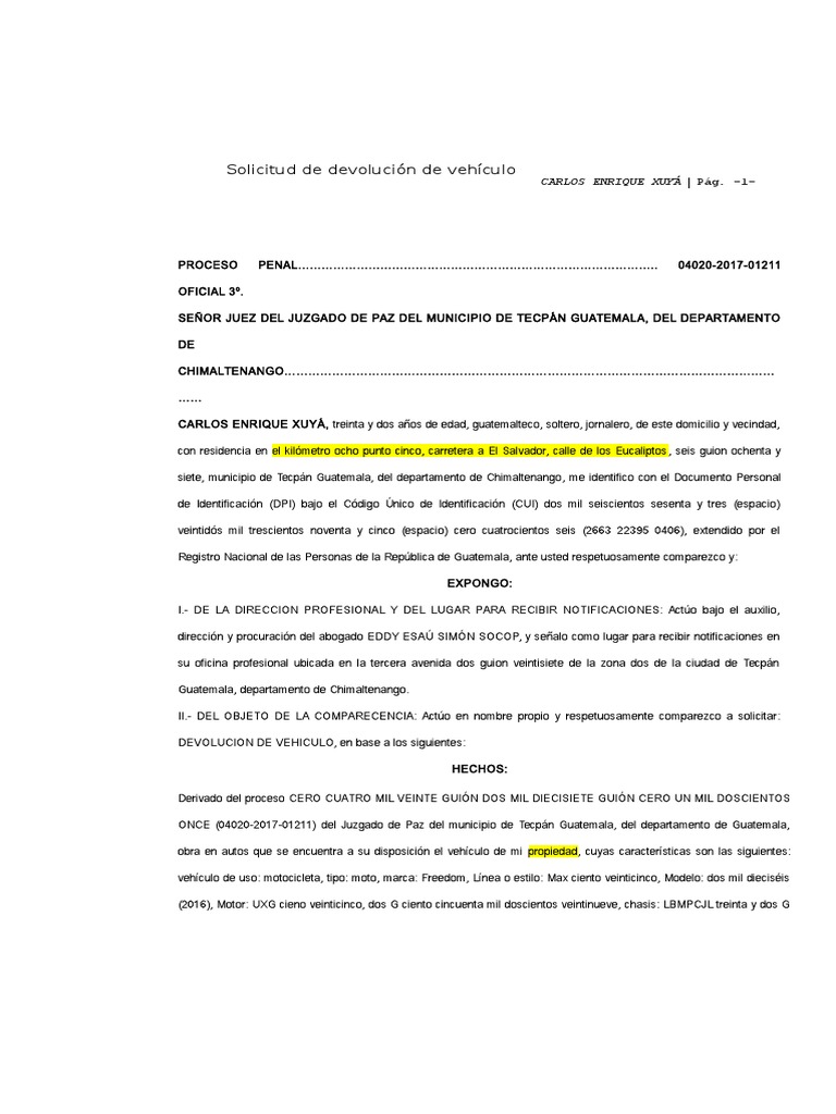 Devolucion de Vehículo TECPAN | PDF | Guatemala | Posesión (Ley)