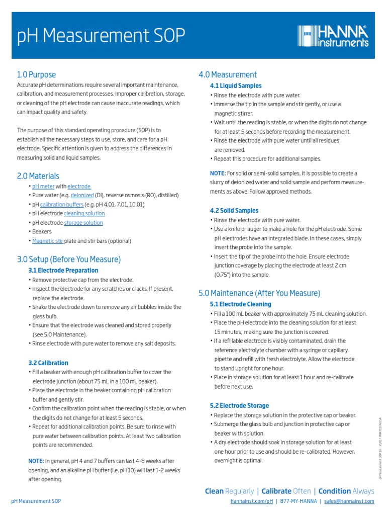PH Measurement Sop Hanna Instruments | PDF | Purified Water | Ph