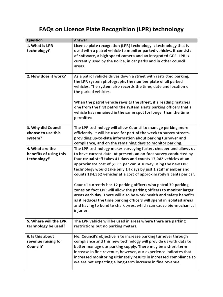 Faqs On Licence Plate Recognition (LPR) Technology | PDF | Parking ...
