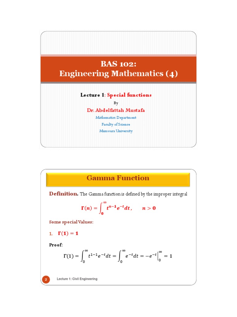 BAS 102: Engineering Mathematics (4) : Gamma Function | PDF | Mathematical Analysis ...