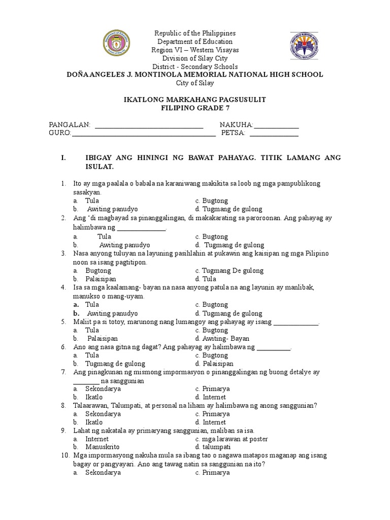 3rd Quarter Filipino 7 | PDF