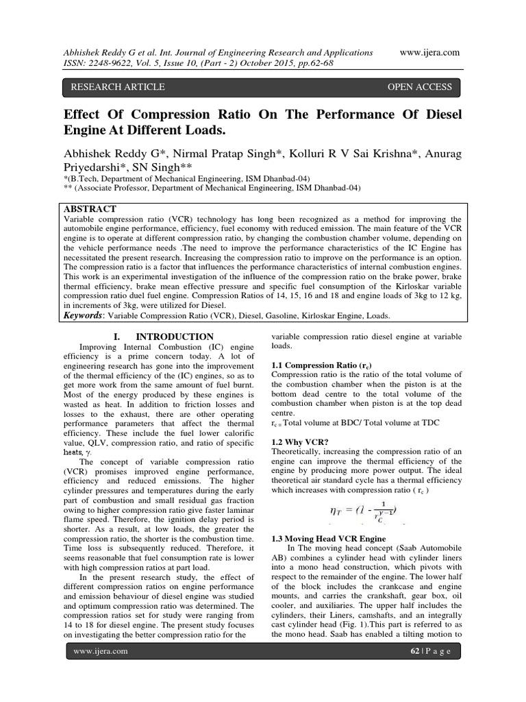 Effect Of Compression Ratio On The Performance Of Diesel Pdf Pdf Internal Combustion Engine