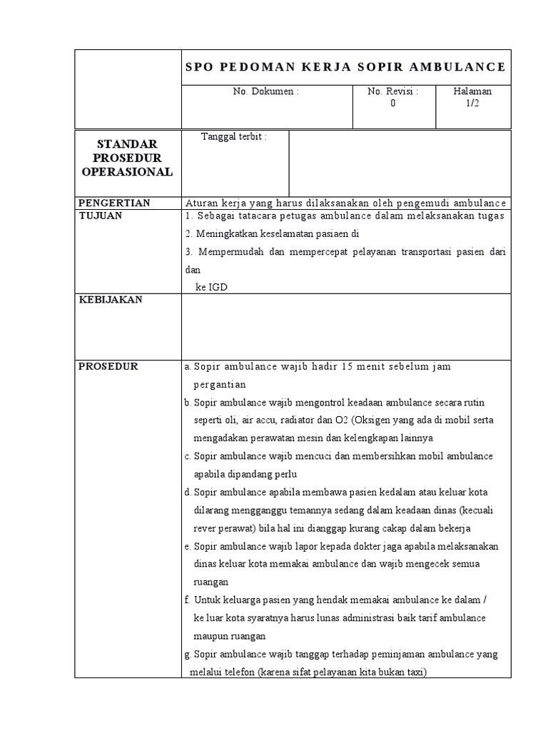 Spo Pedoman Kerja Sopir Ambulance | PDF