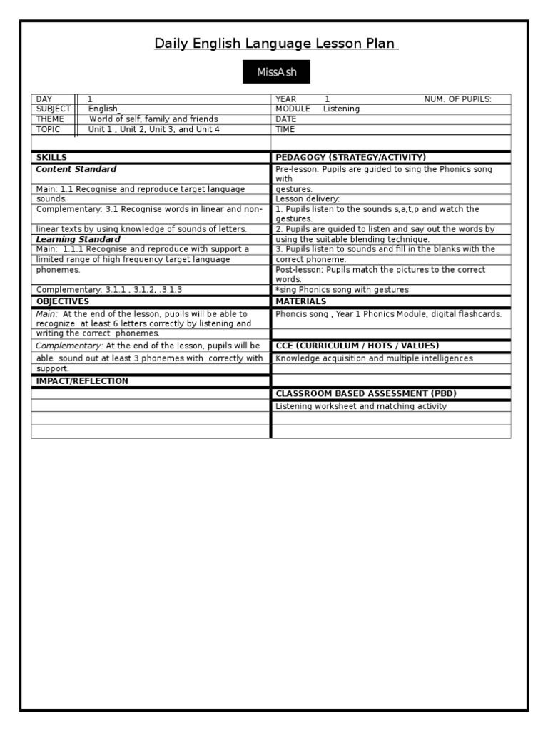 Daily English Language Lesson Plan Skills Pedagogy Strategy Activity