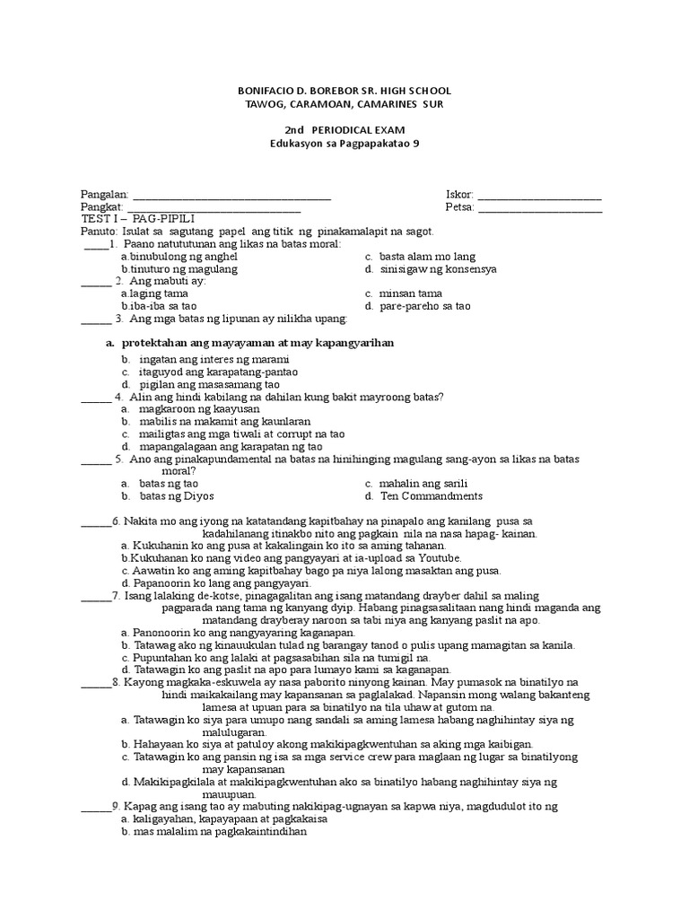 2nd Grading Exam ESP9 | PDF