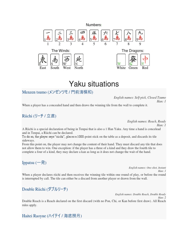 Yaku&Yakuman List | PDF | Mahjong | Games Of Chance