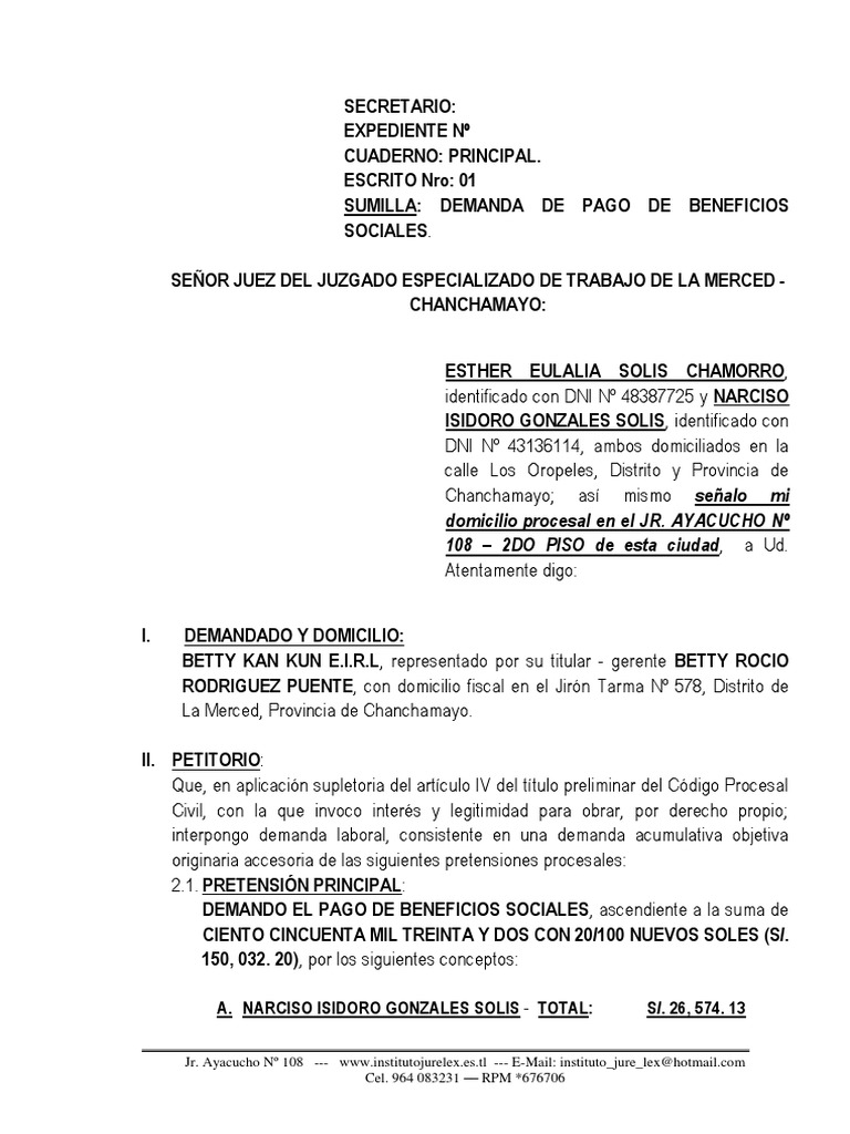 Demanda de Beneficios Sociales | PDF | Salario | Ley procesal