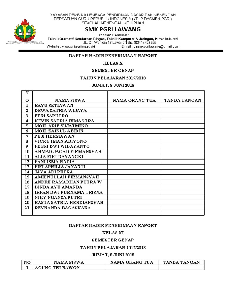 Daftar Hadir Penerimaan Raport | PDF