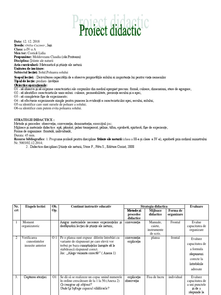 Proiect Didactic Solul | PDF